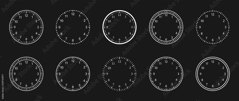 Clock faces. Watch with numbers. Dial icons. Circle stopwatch with ...