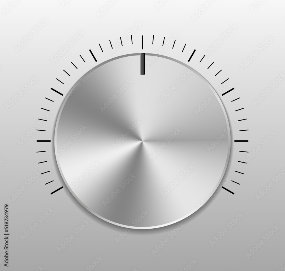 Knob of volume. Metal button of music. Dial for sound. Chrome steel ...