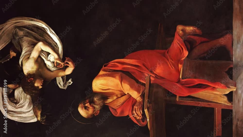 St. Matthew and the angel. Caravaggio painting from the painting cycle ...