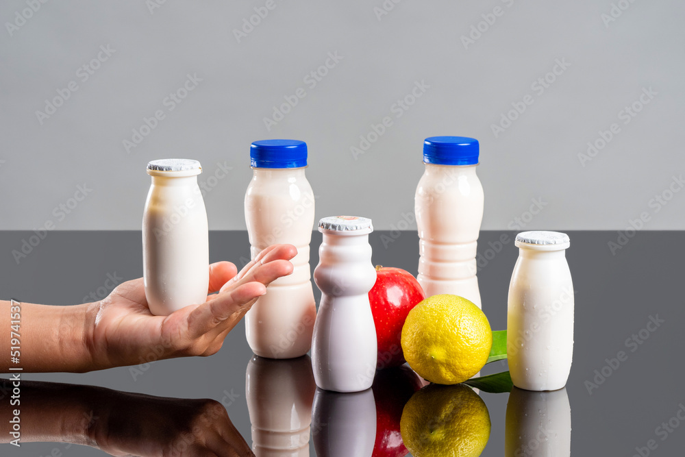 Probiotic bottles, bifidobacteria infused yogurts. Dairy products to ...
