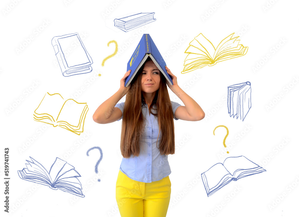 The girl with the book on her head. The concept of not understanding ...