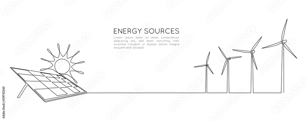 One continuous line drawing of wind turbine and Solar panel with sun ...