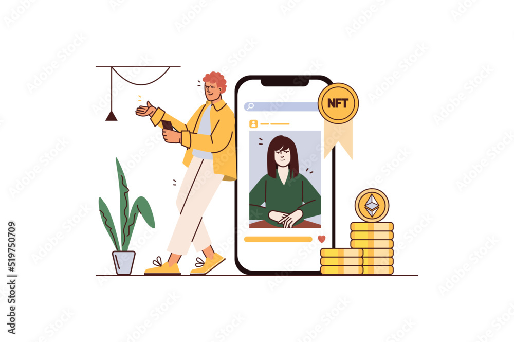 NFT concept with people scene in flat cartoon style. Man digitizes ...