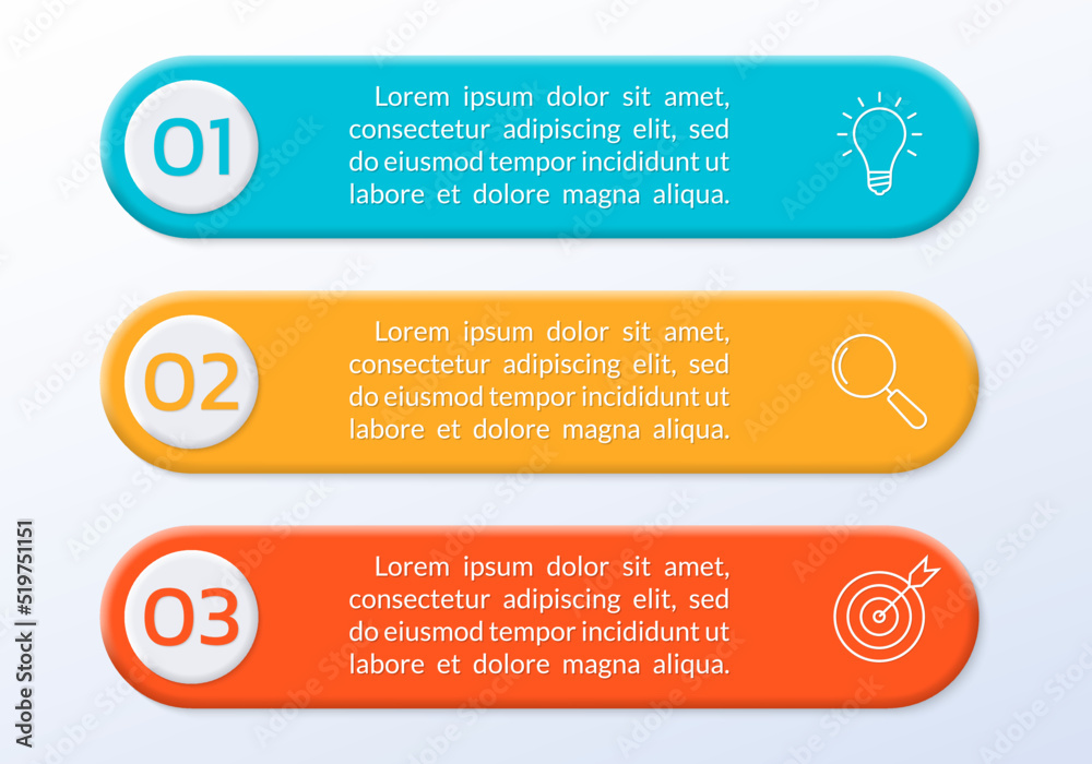 3 number list template. Three step business layout with text banners ...