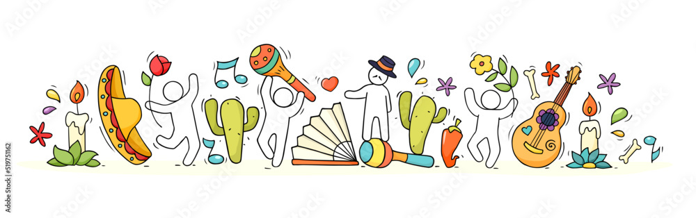 Banner with little people and spanish symbols. Doodle cute miniature of ...