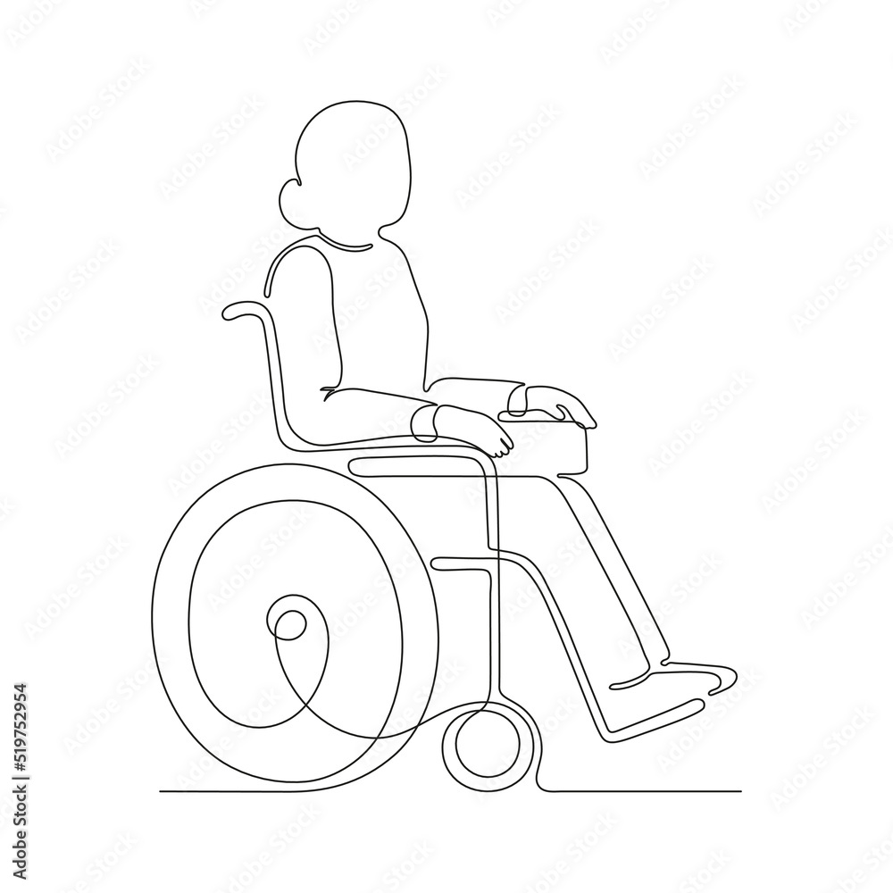 Disabled person woman on wheelchair outline, continuous one art line ...