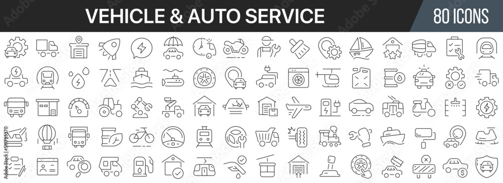 Vehicle and auto service line icons collection. Big UI icon set in a ...
