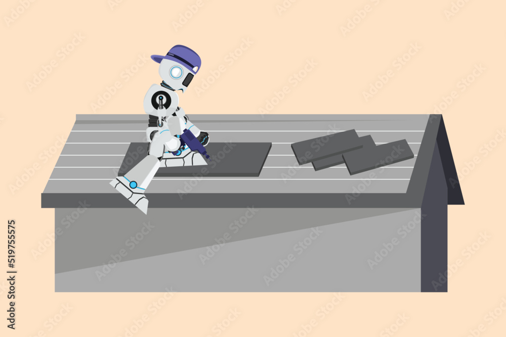Business flat cartoon style drawing robot roofer installing wooden or ... Business flat cartoon style drawing robot roofer installing wooden or ...