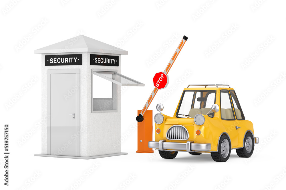 Yellow Cartoon Car in Front of Opened Road Car Barrier and Security ...