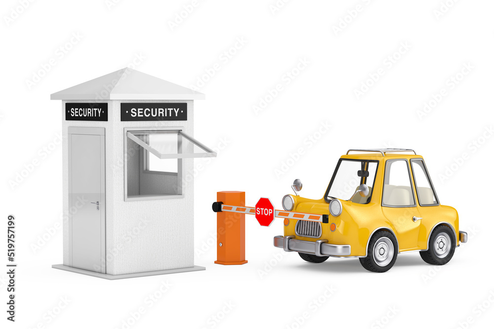 Yellow Cartoon Car in Front of Closed Road Car Barrier and Security ...