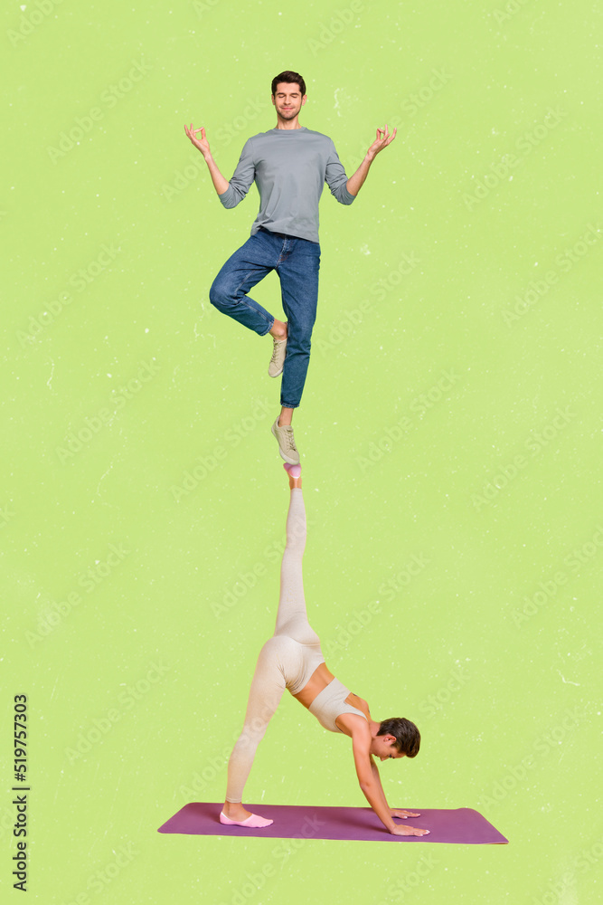 Vertical creative collage picture of two people girl stretching leg ...