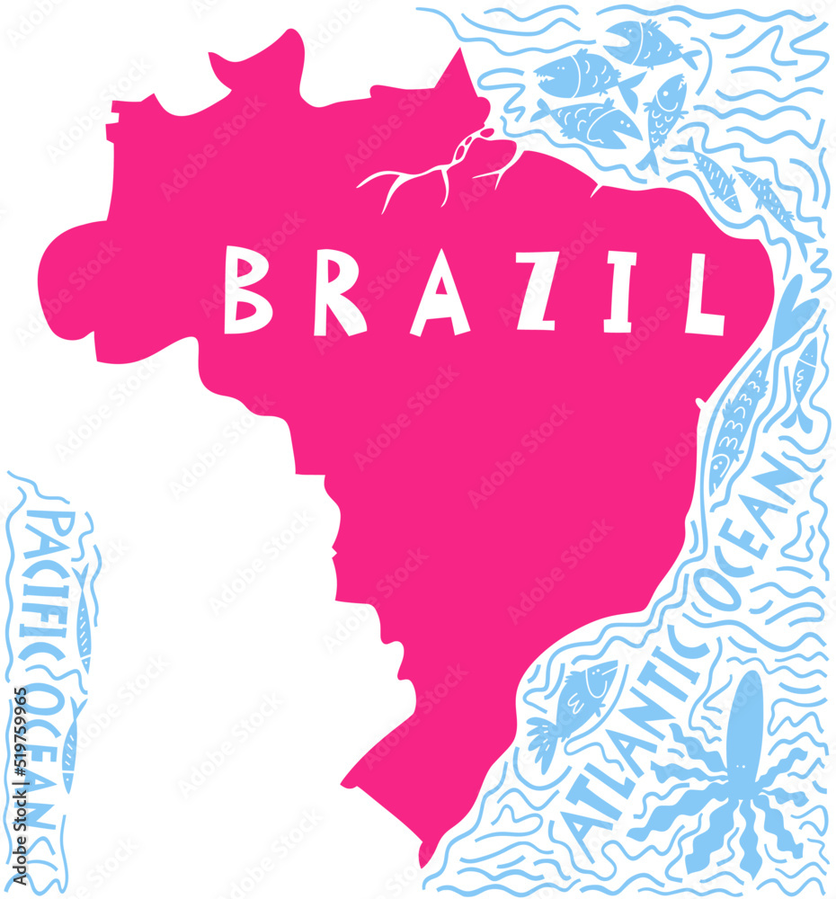 Vector hand drawn stylized map of Brazil And Waters. South America map ...