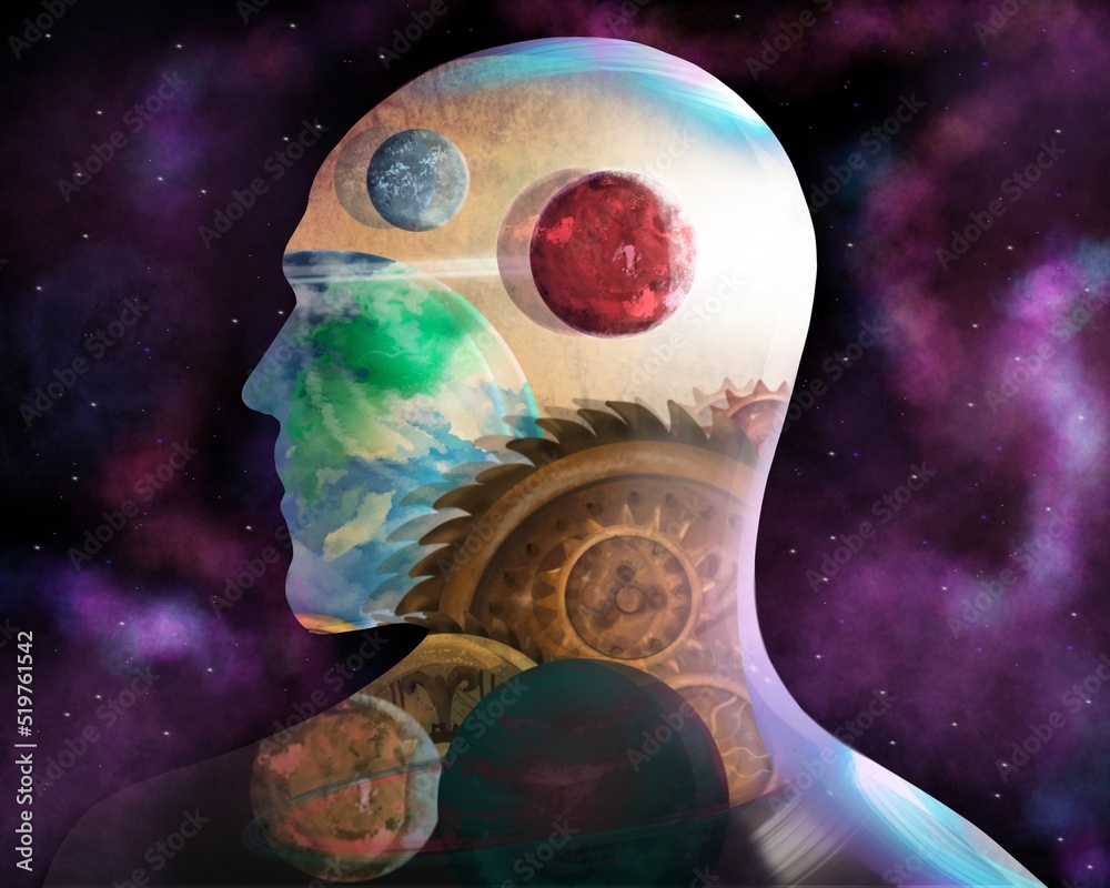head of man contains Universe including planets and stars and gears ...