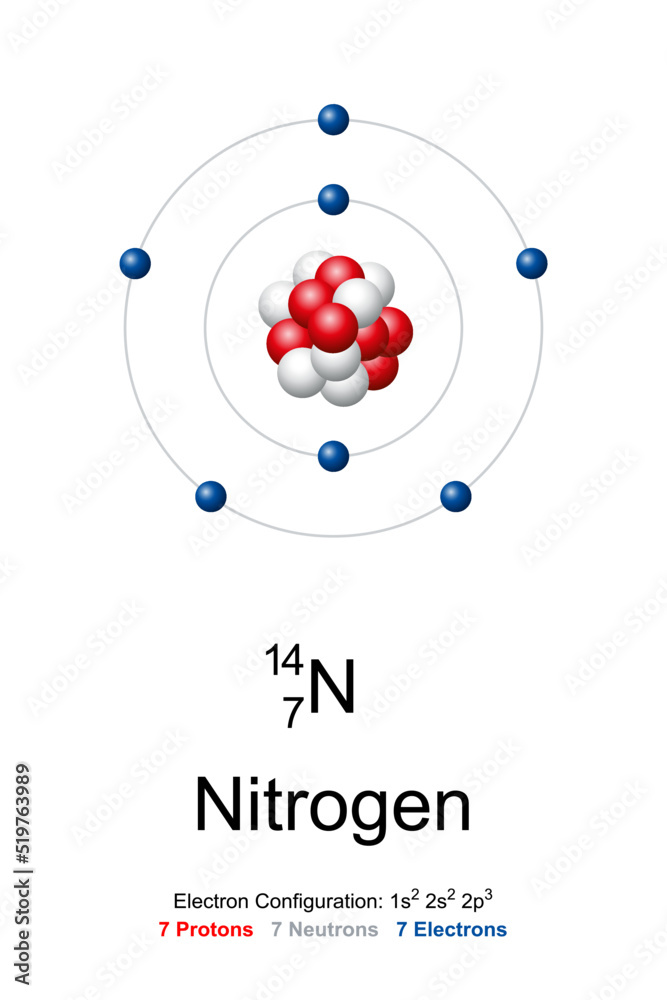 Nitrogen, atom model. Chemical element with symbol N and with atomic ...