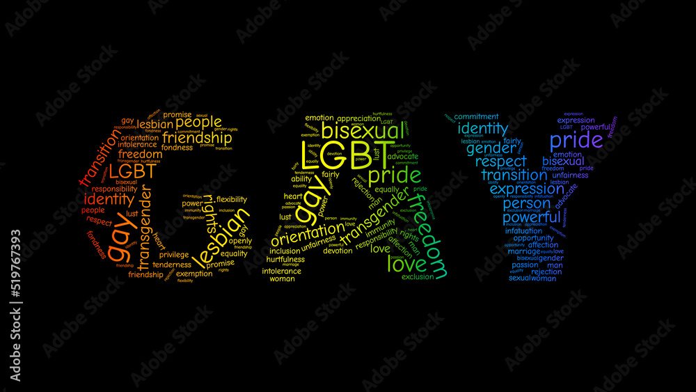 Gay word made from tags cloud in LBGT rainbow colors on black ...
