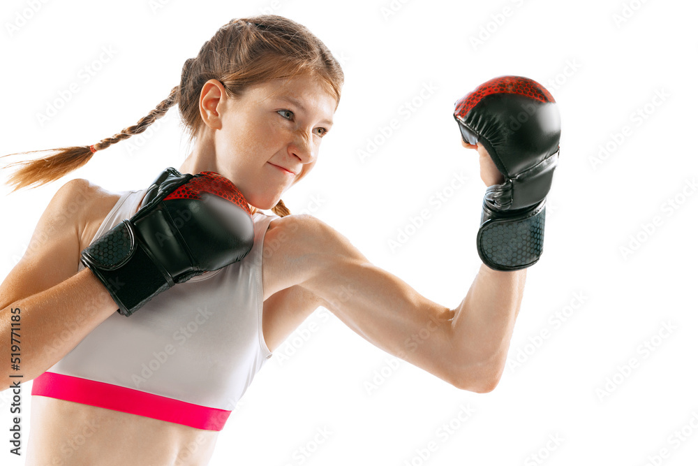 Portrait of sportive girl, junior MMA fighter in sports uniform ...