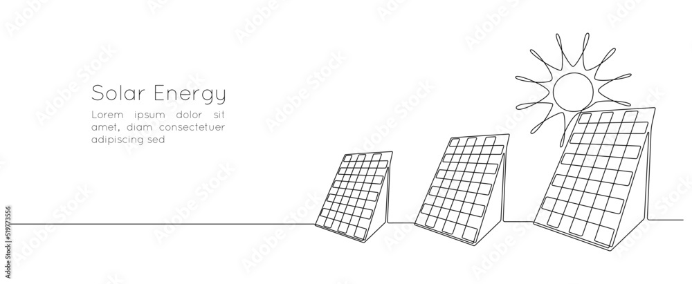 One continuous line drawing of Solar panel with sun. Green clean energy ...