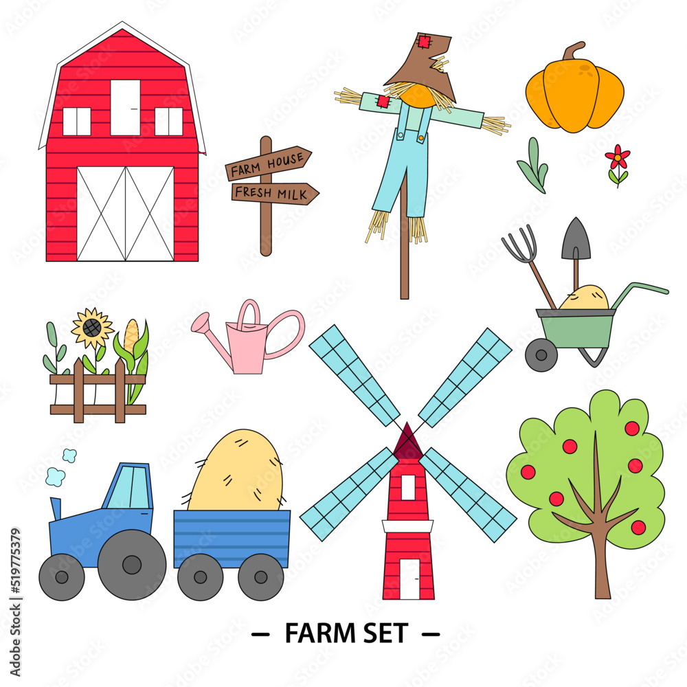 Farmers set. Vector icon set of farm rural buildings with animals ...