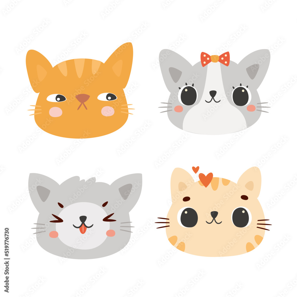 Kawaii cat. Cute cat face. Set of cute characters. Cat family. Vector illustration of kittens ...