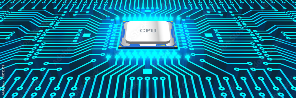 Vector 3D glowing computer circuit with a CPU in the center. Volumetric ...