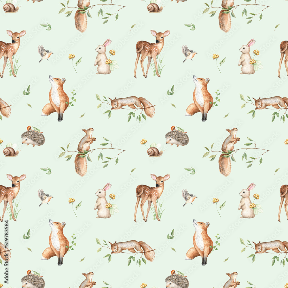 Woodland seamless pattern with wild baby animals. Hand drawn watercolor ...