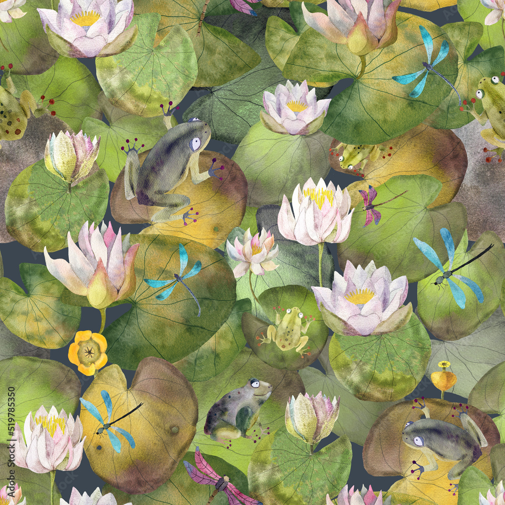 Water lily pond with frogs and dragonflies. Seamless texture. Hand ...
