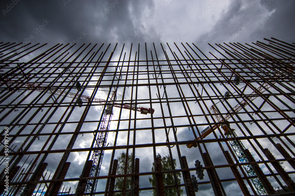 Construction site workers and crane, Many workers were building under ...