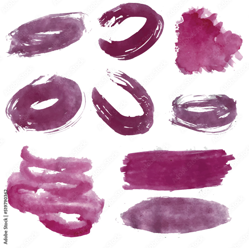 Set of watercolor spots and frames. Spots of violet mauve acrylic color ...