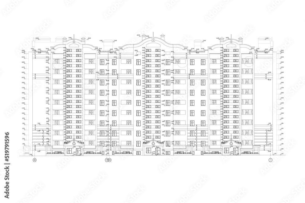 Multistory building facade, detailed architectural technical drawing ...