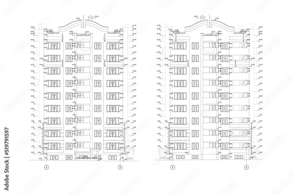 Multistory building facade, detailed architectural technical drawing ...