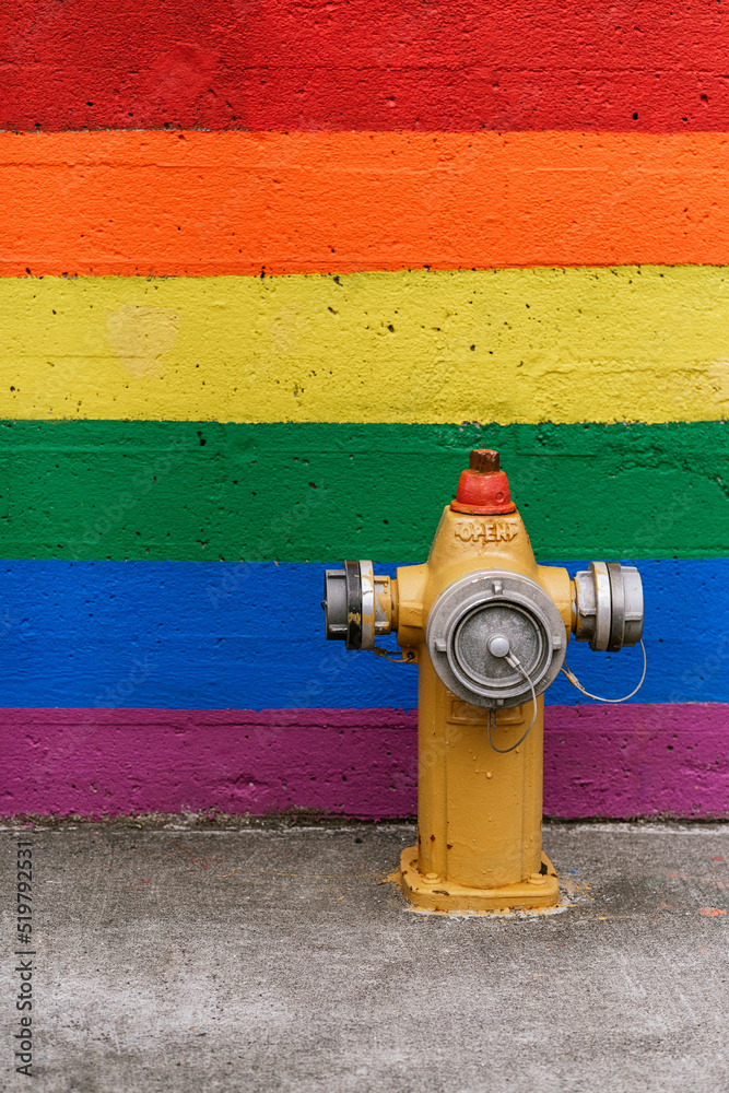 Fire hydrant on asphalt road near wall with rainbow flag Stock Photo ...