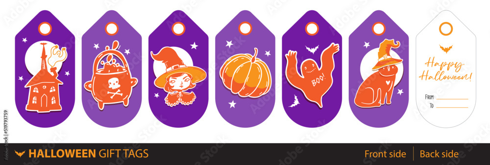 Set of Halloween gift tags. Vector collection of name gift tags with ...