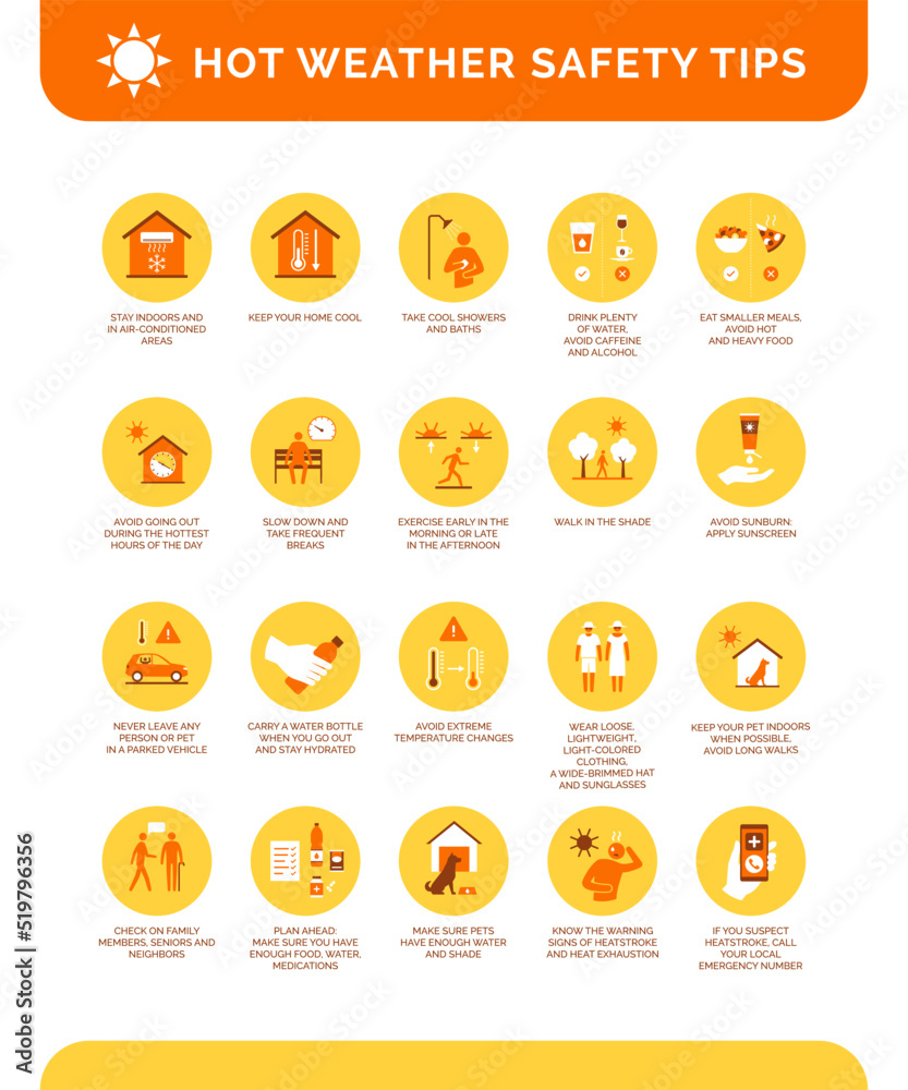 Hot weather safety tips and heat illness prevention Stock Vector ...