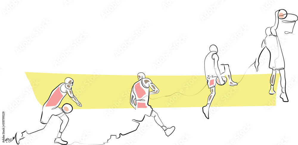 Vetor de Continuous One Line Art Vector: Basketball crossover slam dunk ...
