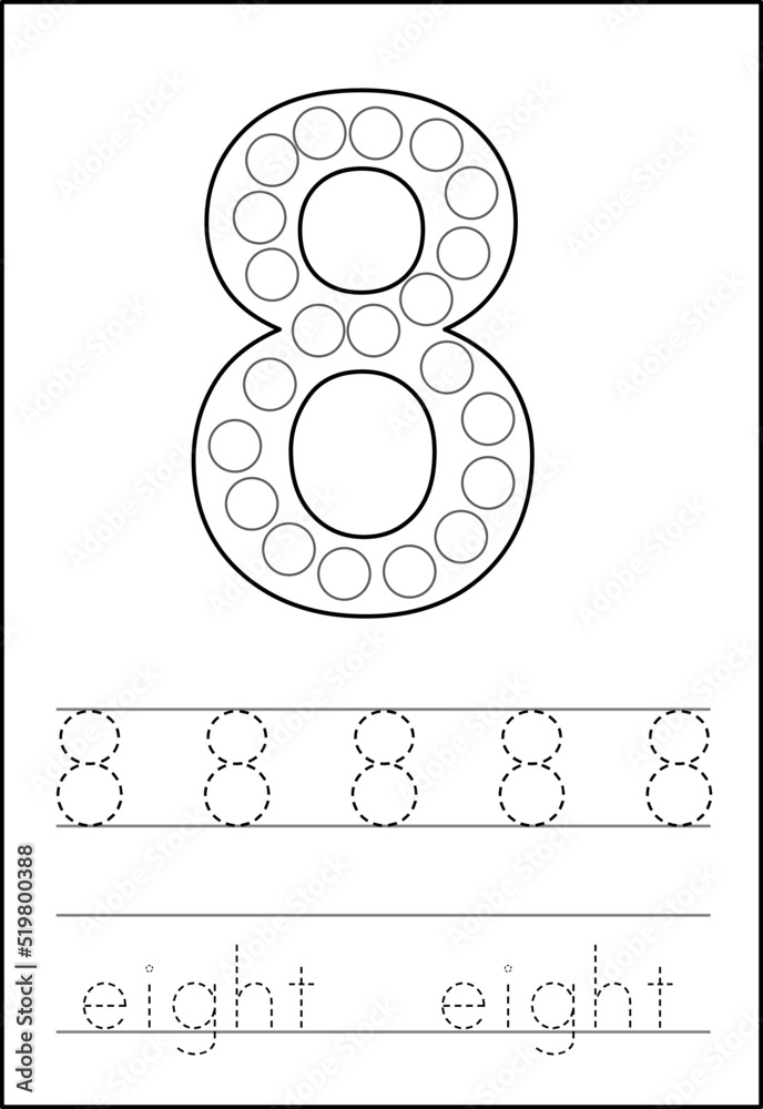 Learning numbers for kids. Number eight. Math worksheet. Stock Vector ...