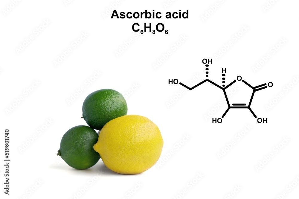 Poster Lemon and limes and the structural formula of ascorbic acid ...