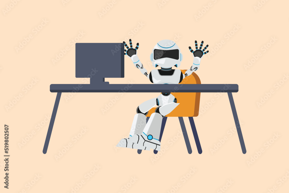 Business design drawing happy robot sitting with raised hands near desk ...