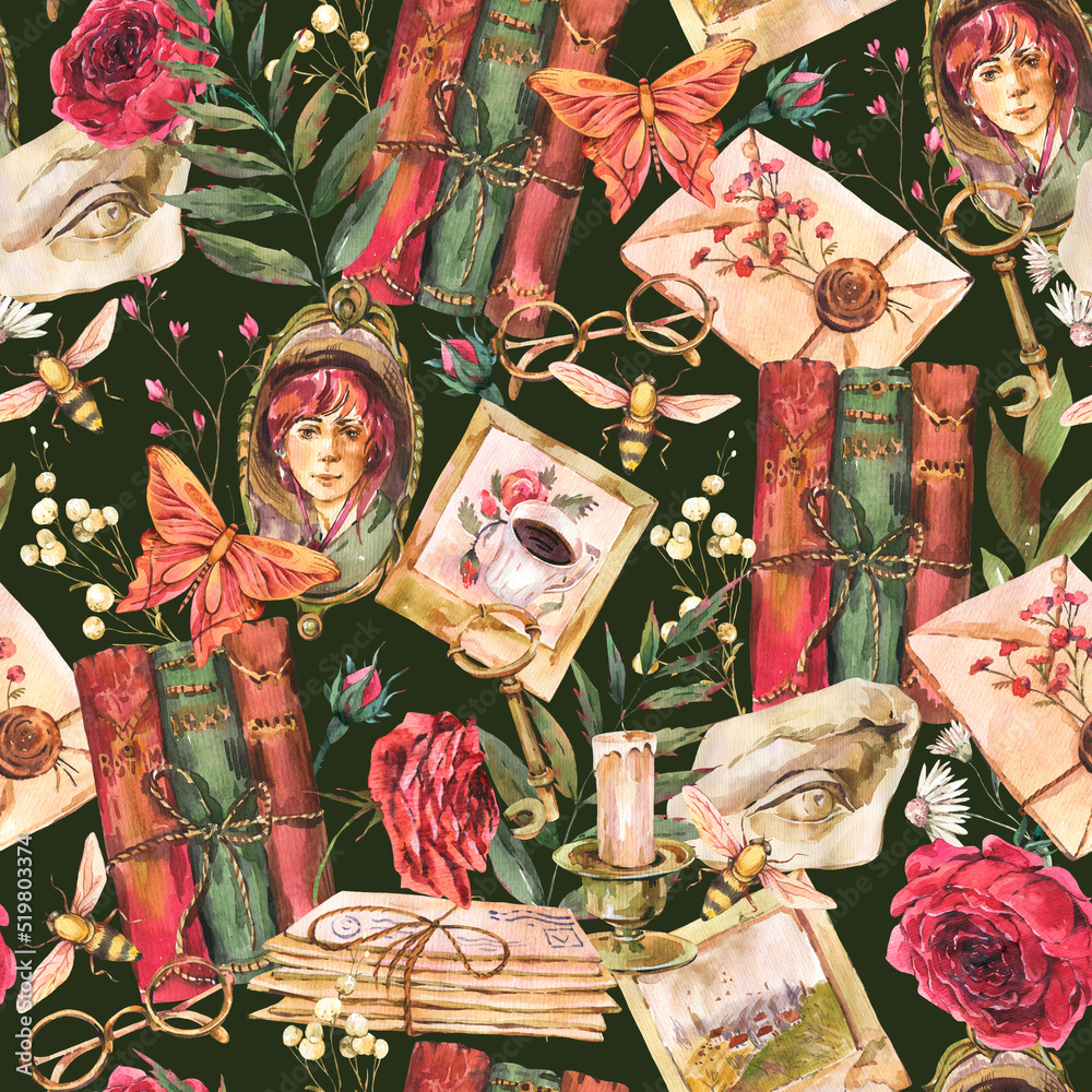 Dark Academia Watercolor Seamless Pattern, Vintage Library Background ...