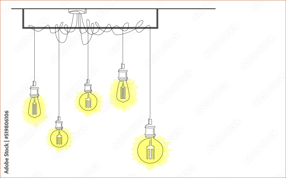 One line drawing of modern loft style chandelier with pendant lamps ...