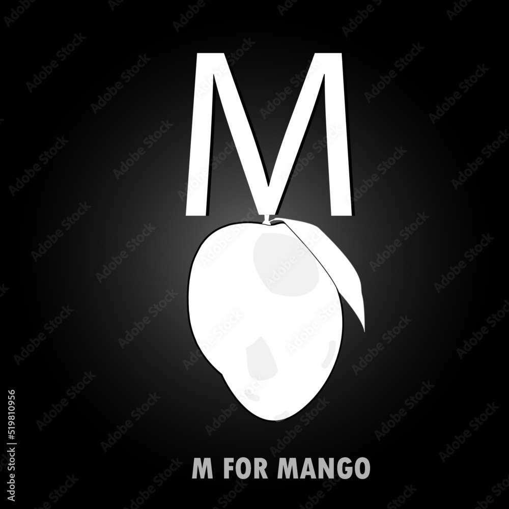 M for Mango text with white silhouette of mango sign. isolated on gray ...