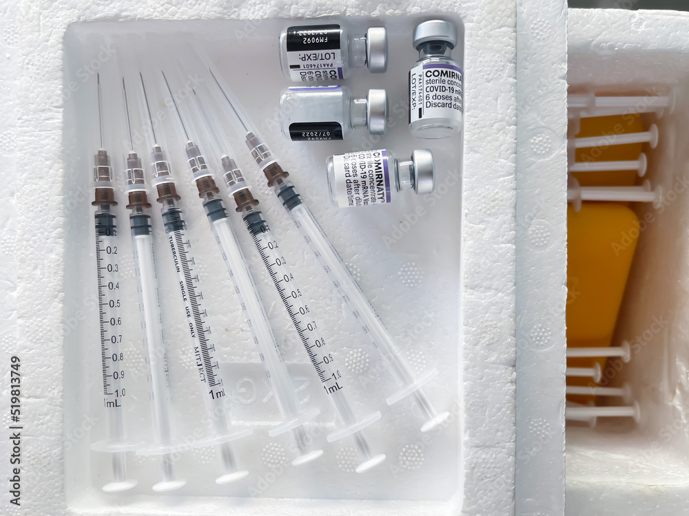 Thailand - 3 Sept. 2021:Vial vaccine comirnaty pfizer vaccine vials use ...