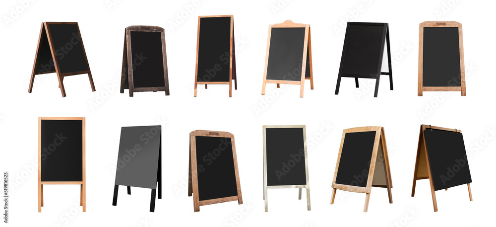 Set with blank advertising A-boards on white background, banner design ...