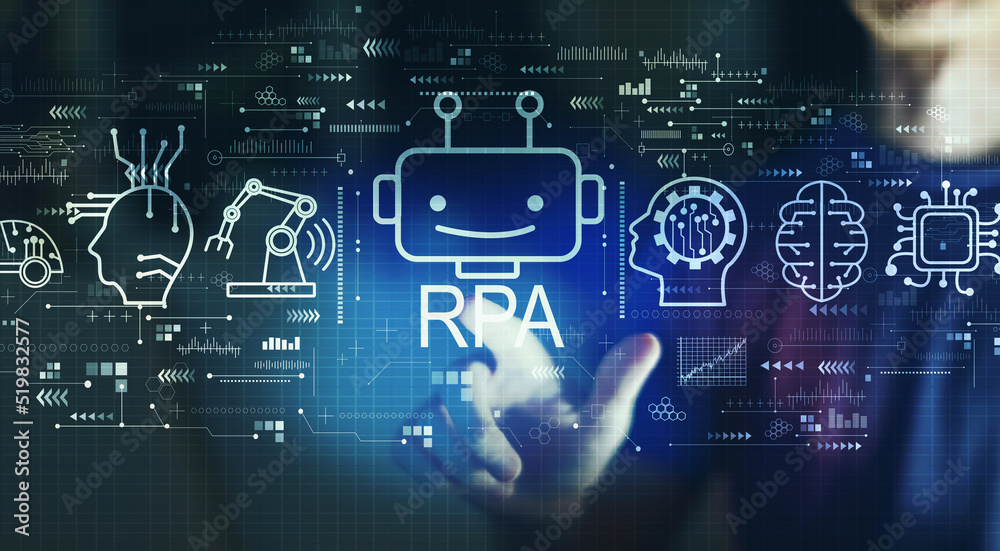 Foto de Robotic Process Automation RPA theme with young man touching a ...