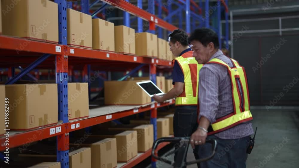 In the warehouse storage area supervior using laptop to check the ...