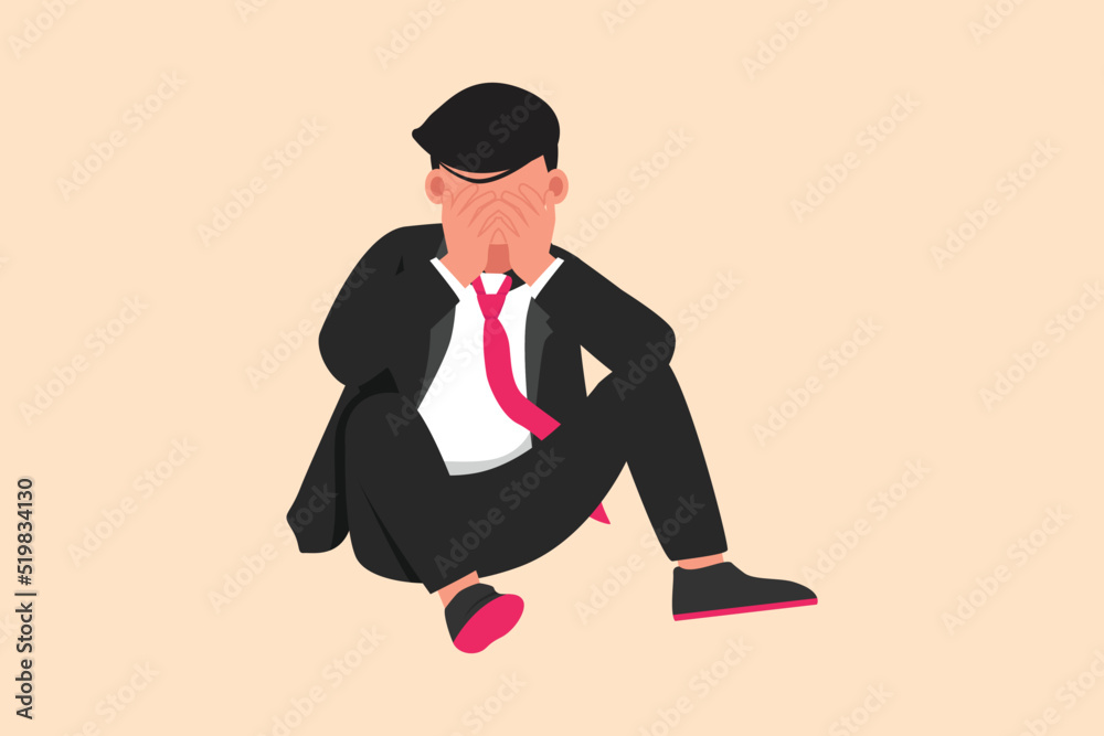 Business flat cartoon style drawing sad depressed businessman cover his ...