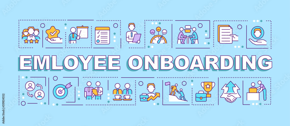 Employee onboarding word concepts blue banner. Job adaptation ...