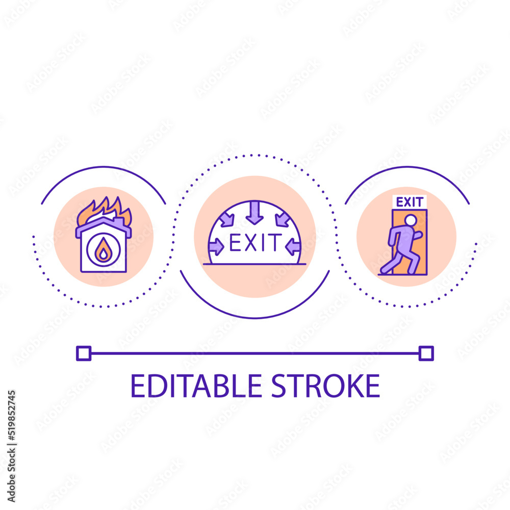 Emergency evacuation during fire in building loop concept icon. Leaving ...