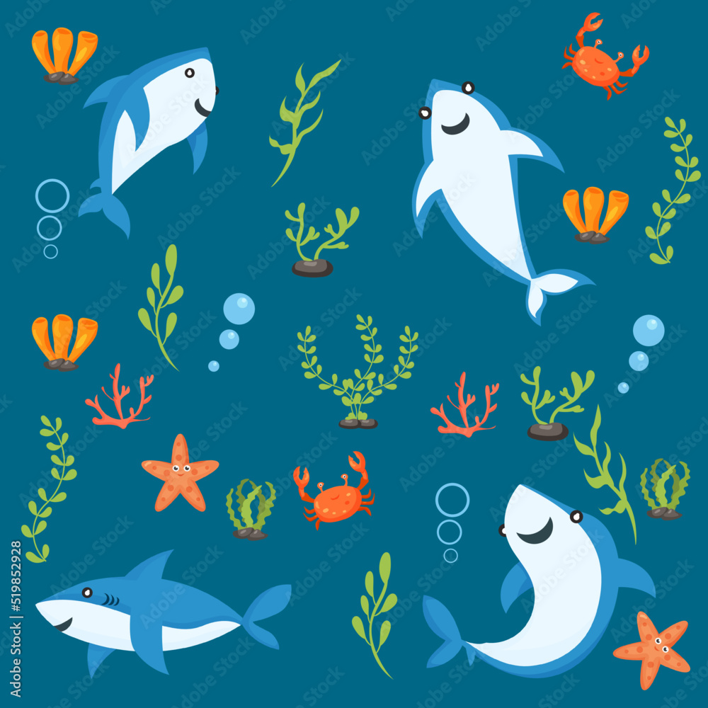 cute sharks pattern. cartoon shark, seaweed print. Sea wildlife ...