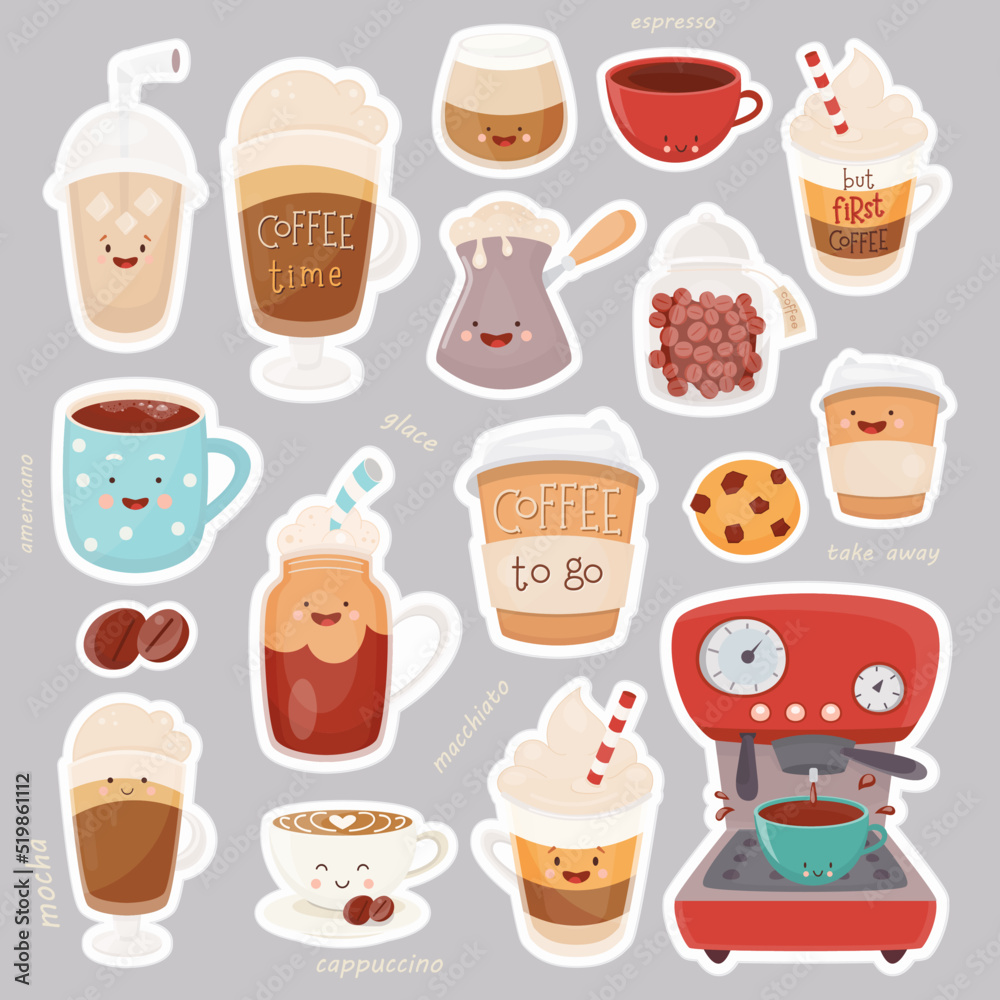 Coffee Sticker Pack. Cartoon Characters for Coffee Lovers. Vector ...