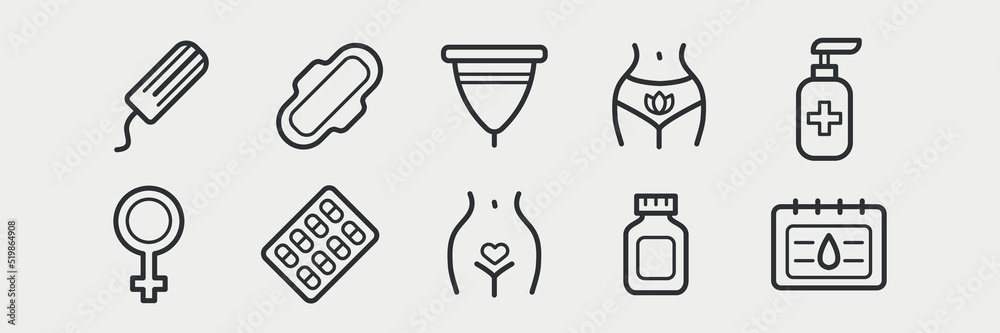Menstruation line icon set. Sanitary pad and periods. Personal intimate ...